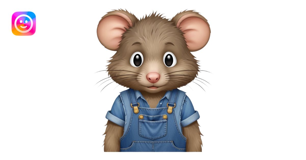 Disheveled rat wearing blue denim overalls, messy fur, looking tired ...