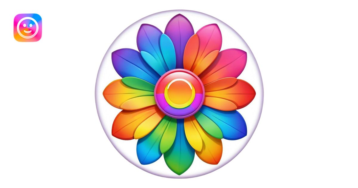 A round psychedelic colored button with a large rainbow colored flower ...
