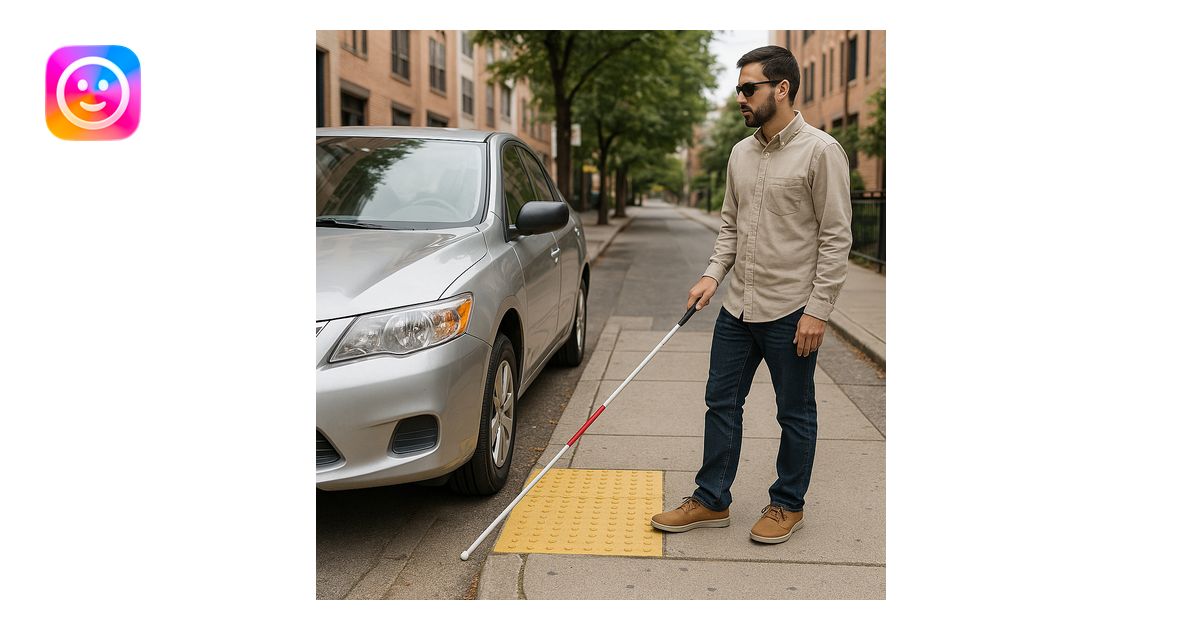 A blind pedestrian with a white cane encountering a car blocking the ...