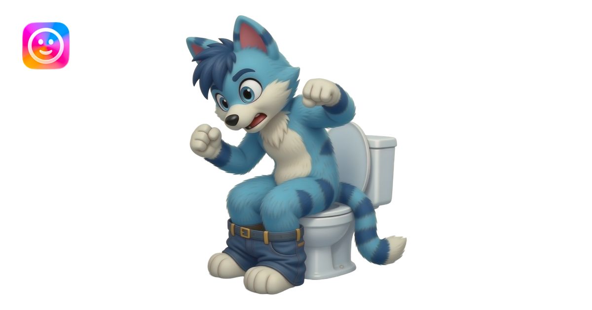 blue fursuit sitting on toilet, side view, pants down, straining, red ...