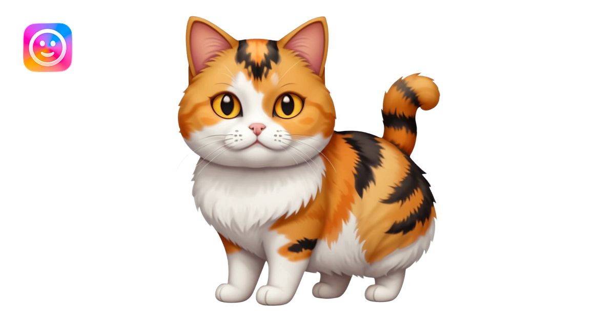 full body calico tabby + white cat with small head and short but chubby ...