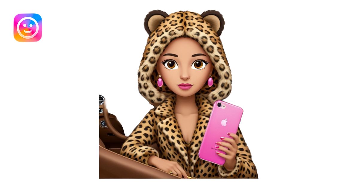 a queen Arina in a leopard fur and pink iPhone on her mercedes emoji ...