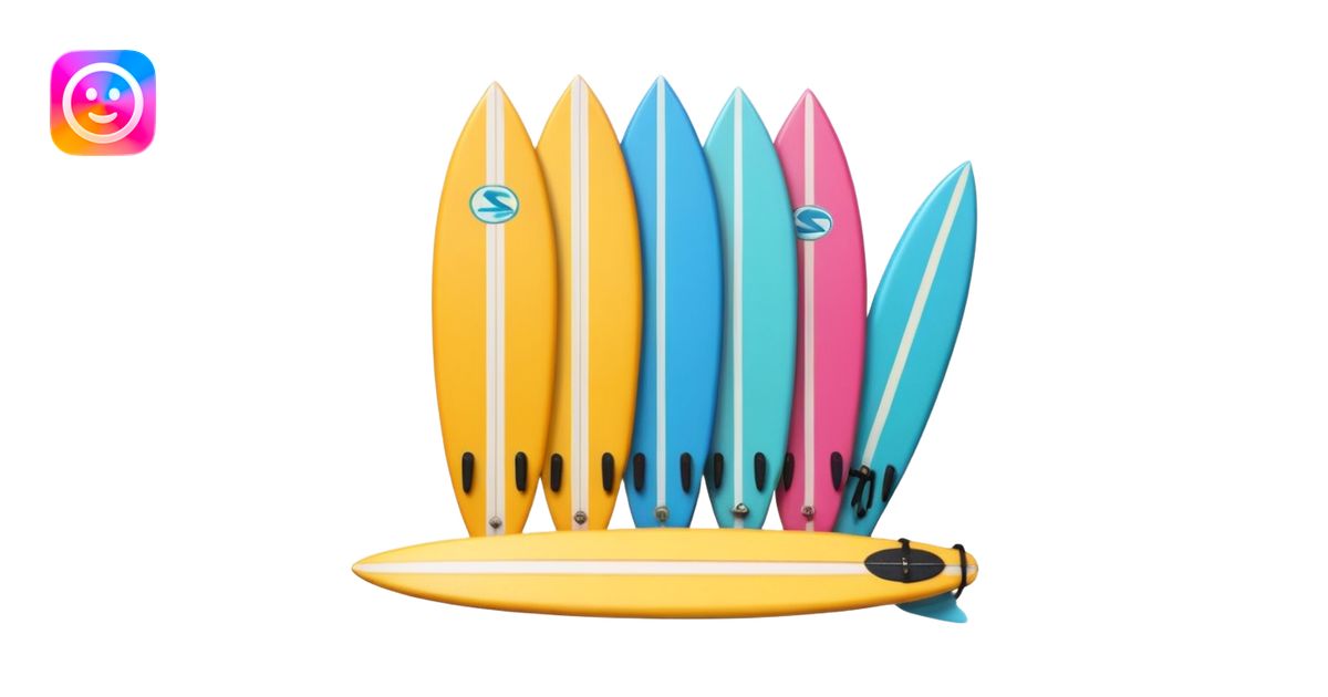 3D emoji style icon of a surf shop with surfboards, fins, and ...