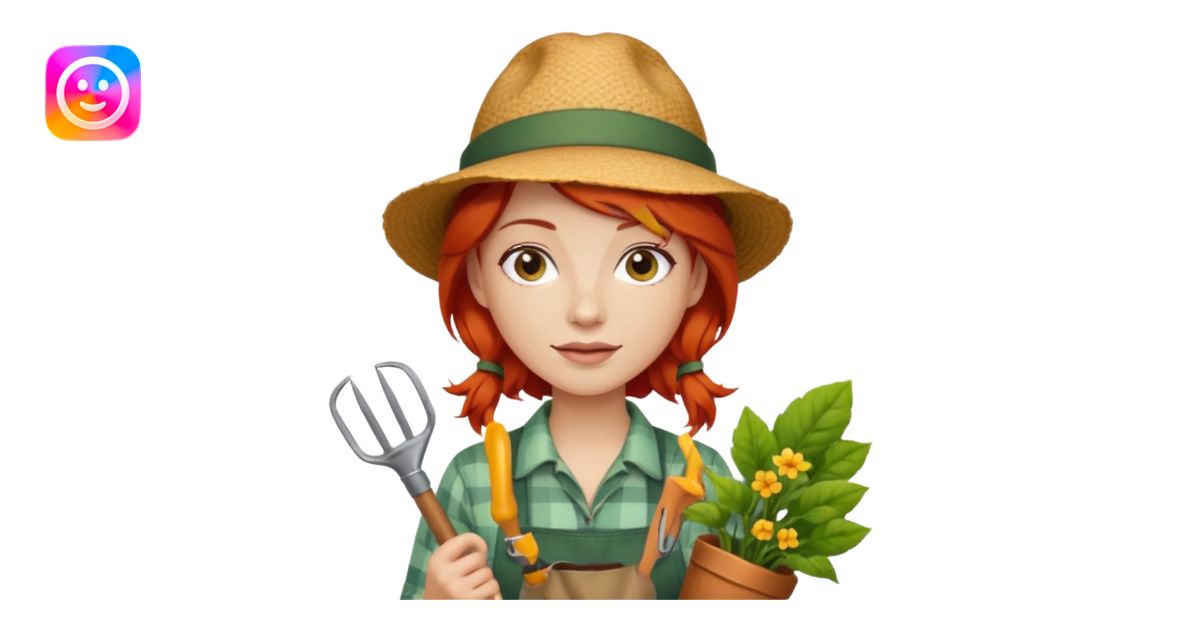 red hair gardener holding gardening tools, with hat emoji | AI Emoji ...