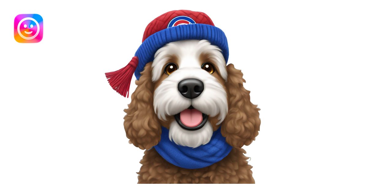 Bernedoodle with chicago cubs hat and scarf emoji | AI Emoji Generator