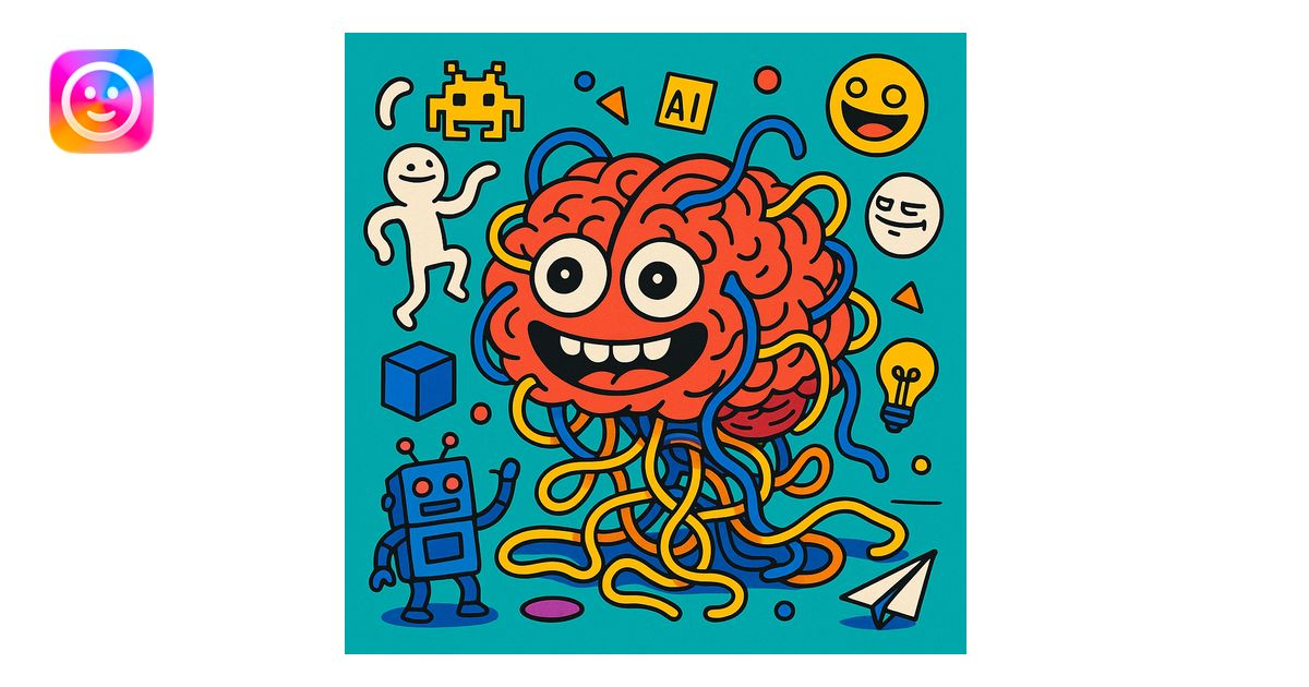 AI brain tangled in spaghetti wires, googly eyes, silly grin ...