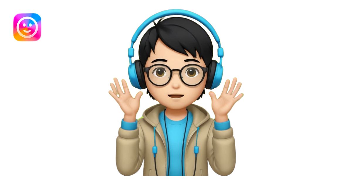 Chibi Japanese boy with black hair and round glasses, big headphones ...