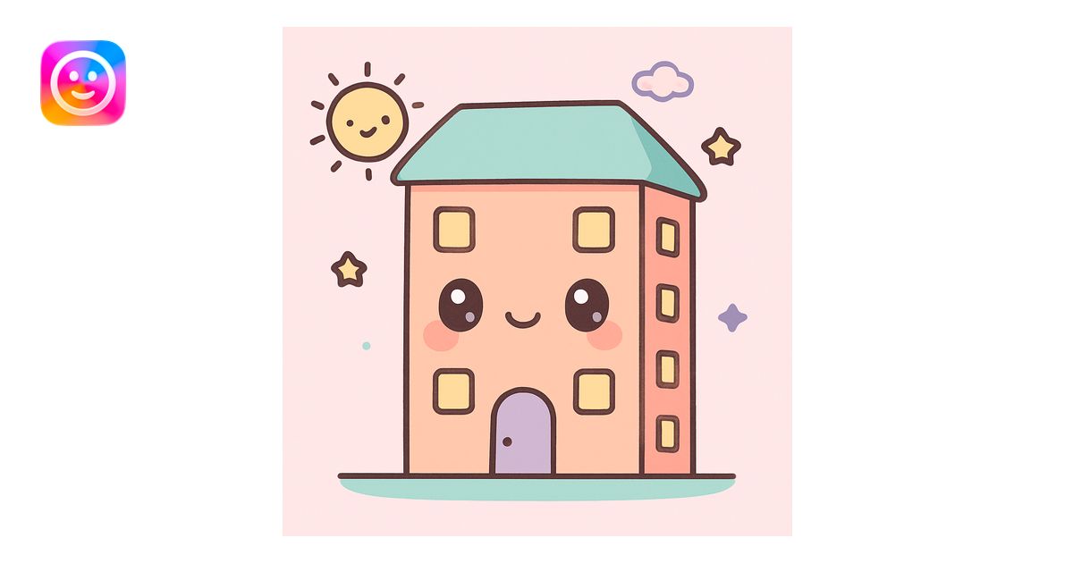 apartment building, kawaii chibi anime style, flat pastel colors, thick ...