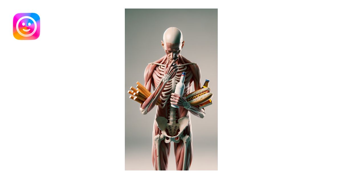 CORPO UMANO ANATOMICO CHE TRA LE BRACCIA SIGARETTE, ALCOL E WURSTEL ...