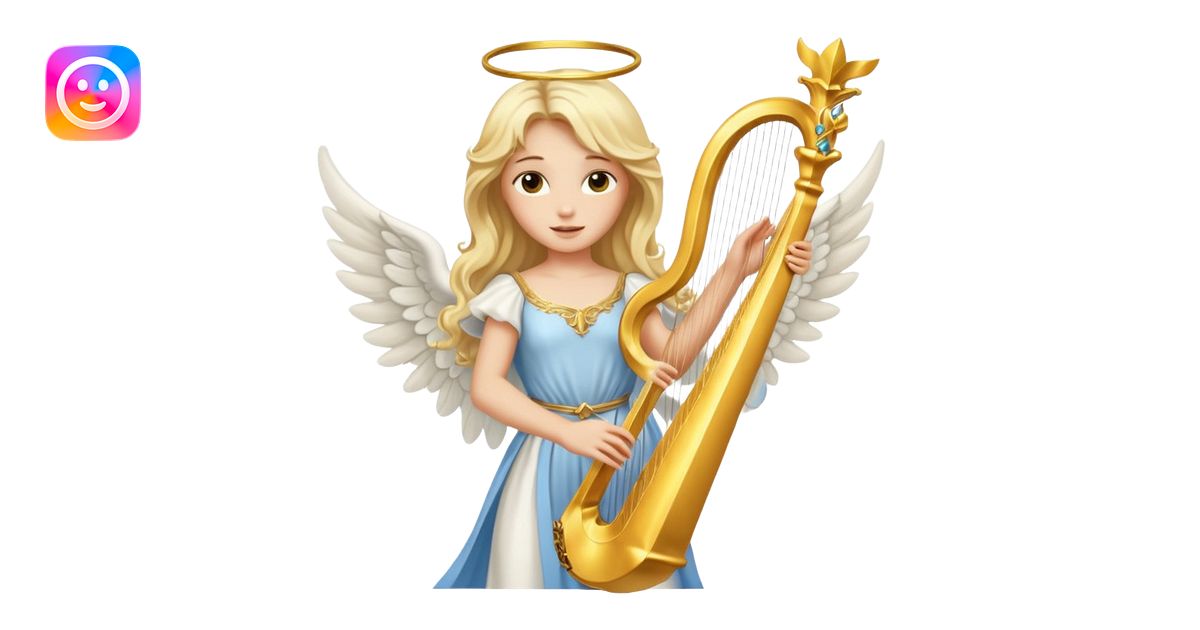 Female angel holding harp with flowing hair emoji | AI Emoji Generator