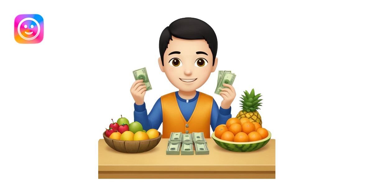 chico piel clara pelo negro con ropa de frutero sentado en una mesa ...