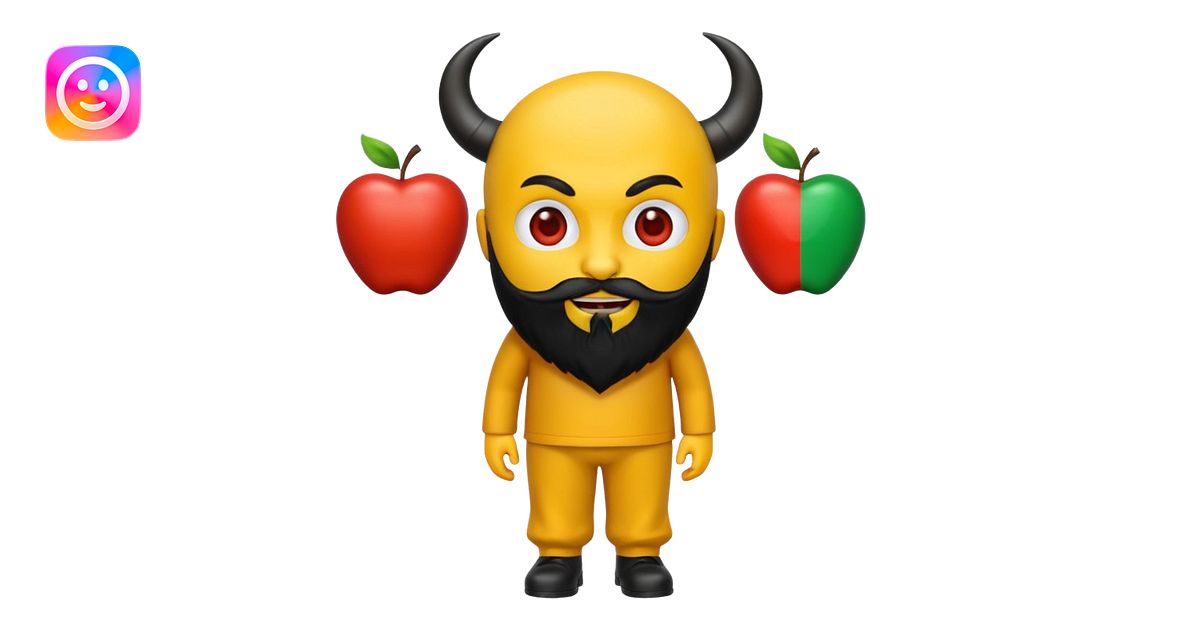 3D yellow heart emoji, devil face, full black beard, black horns and ...