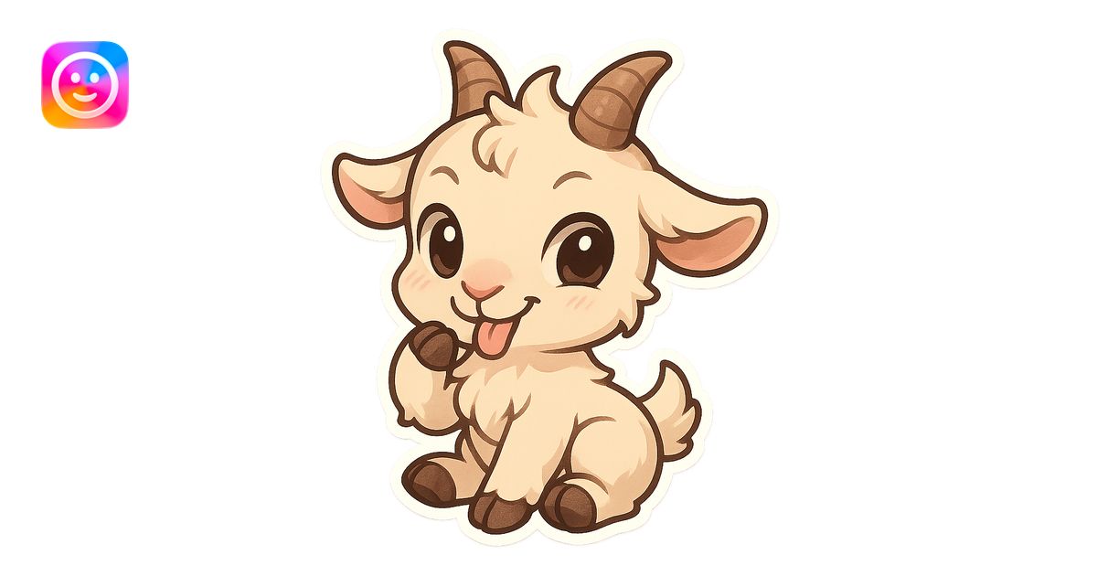 chibi goat, mischievous, cute, big eyes, playful expression, simple ...