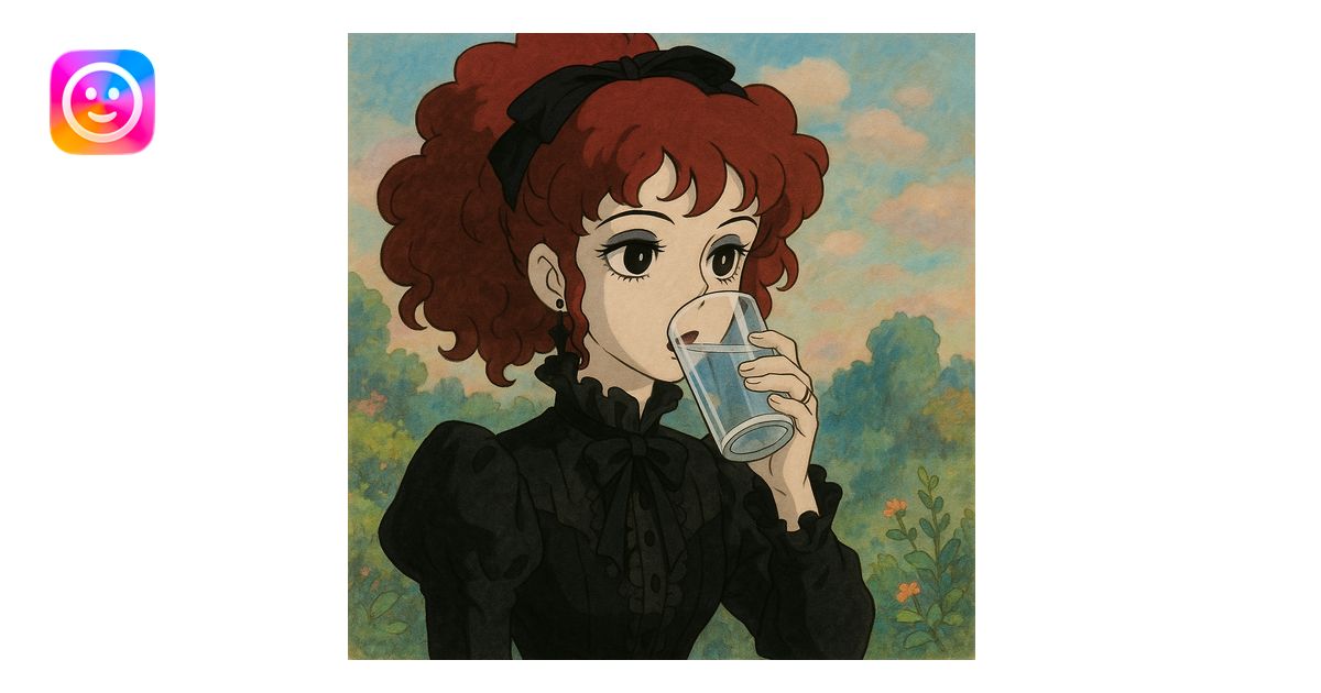 goth girl with red cherry curly hair drinking water illustration | AI ...