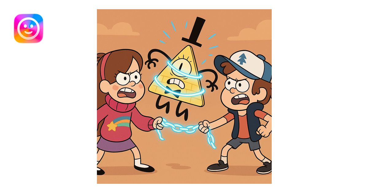 Mable and Dipper defeat Bill Cipher illustration | AI Emoji Generator