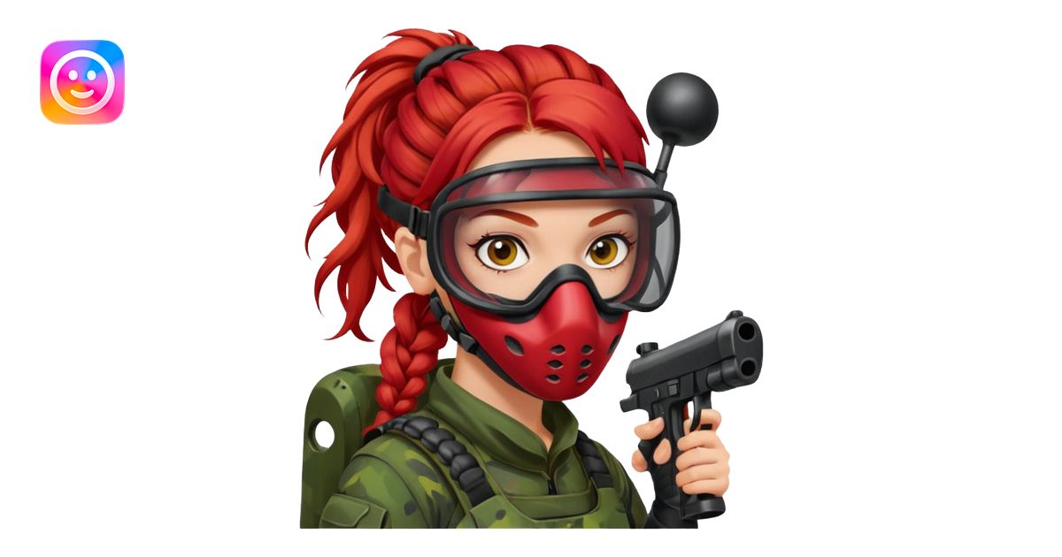 paintball player face girl braided red hair emoji | AI Emoji Generator