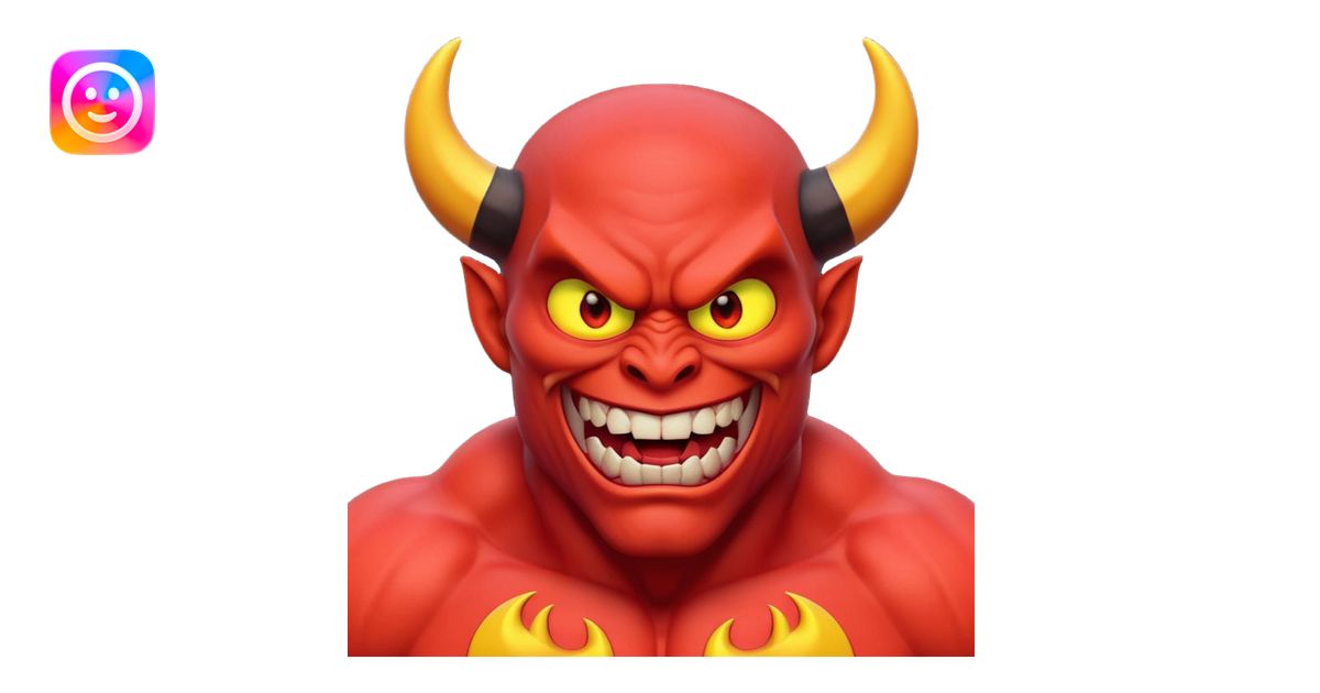Muscular red devil emoji, black horns, glowing yellow eyes, sharp teeth ...