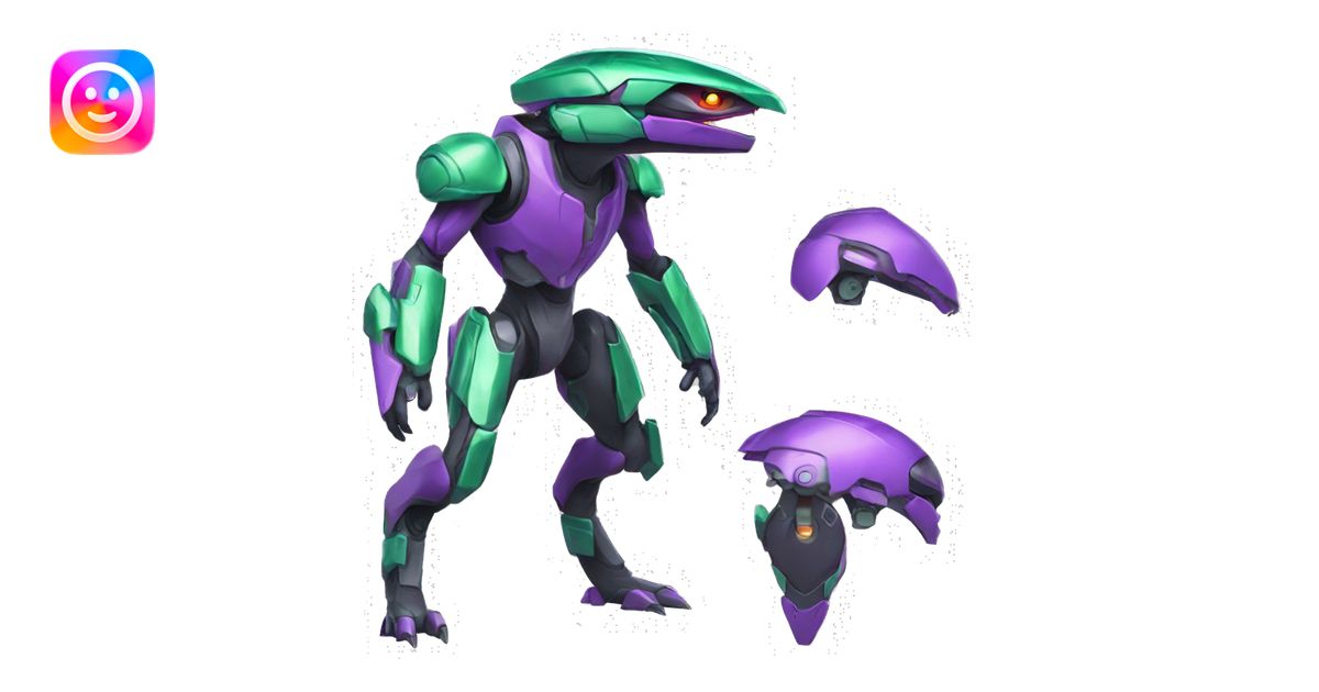 a purple-green Genesect-Raptor-Fakémon—hybrid with a futuristic visor ...
