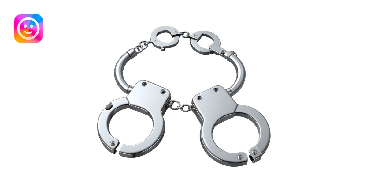 A pair of elegant handcuffs emoji made of silver chrome, smooth rounded ...