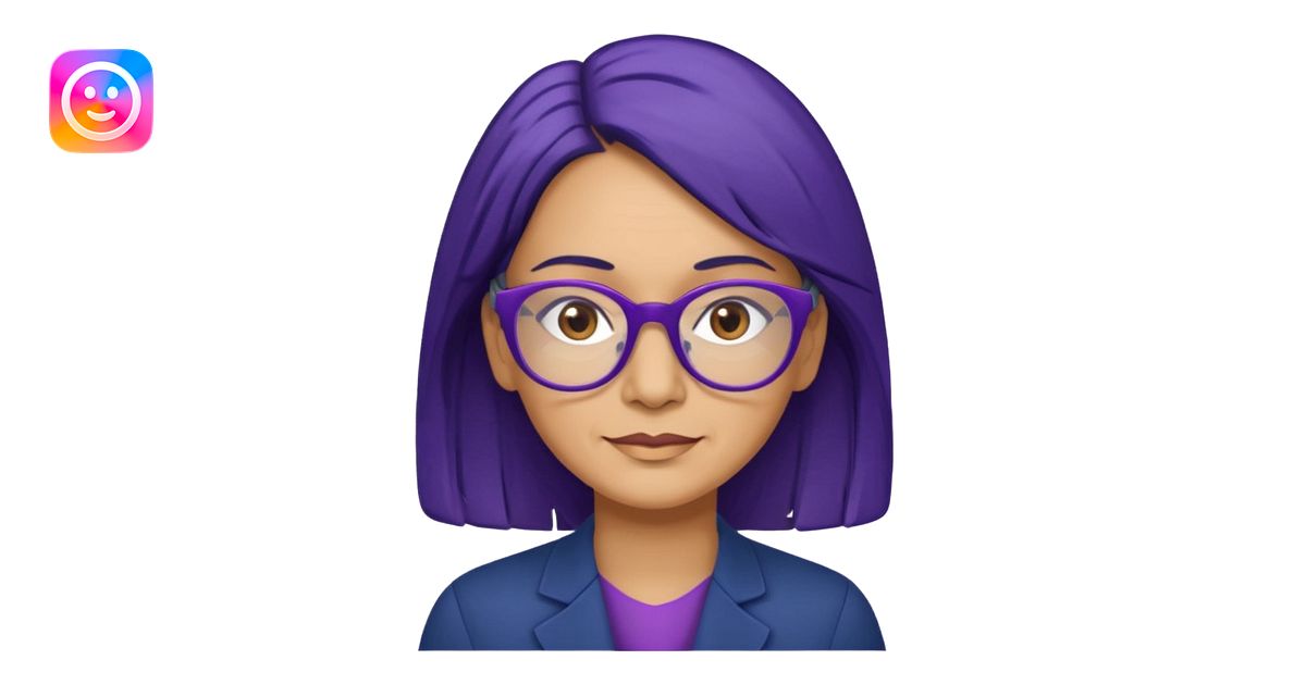 51-year-old woman. Navy blue shoulder-length hair. Purple wire-rimmed ...