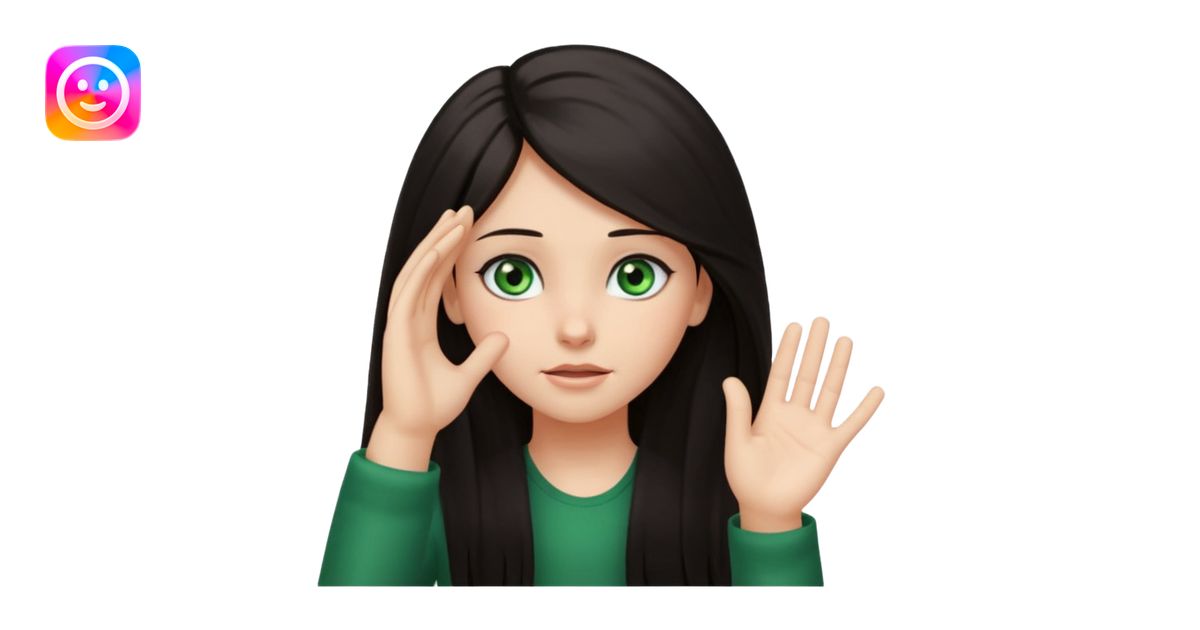 Animated girl dark long hair green eyes emoji holding right side of the ...