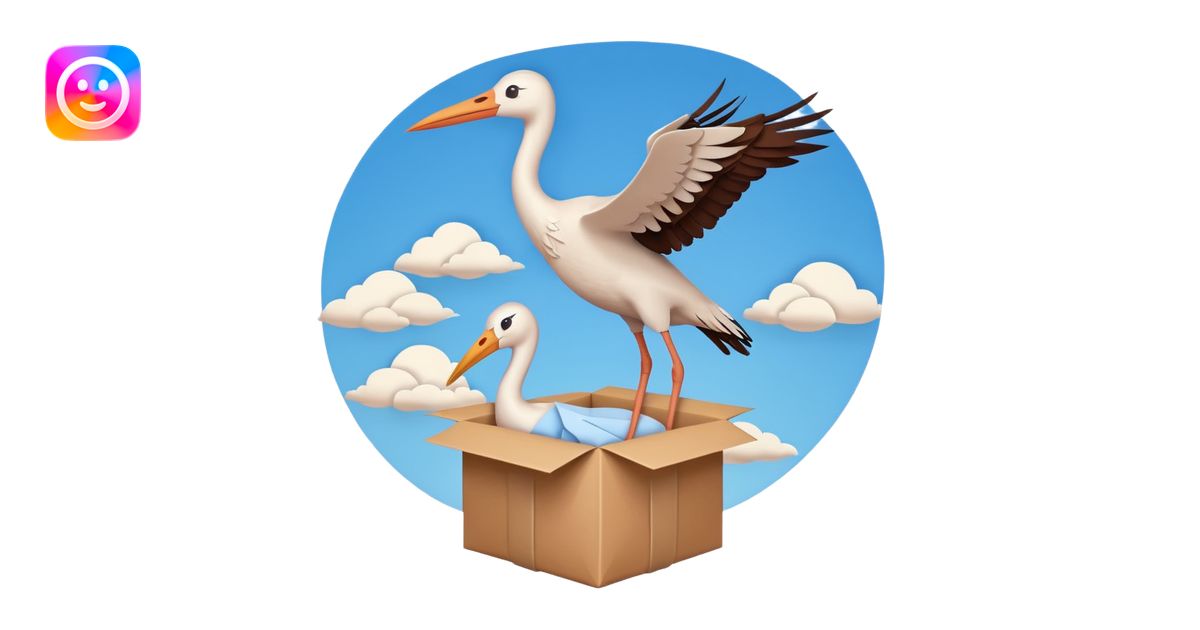 stork flying with a human baby in a bundle, paper craft style emoji ...
