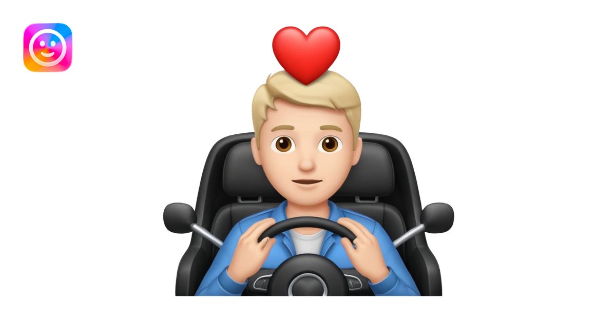 Man driving a car, with a heart above his head emoji | AI Emoji Generator