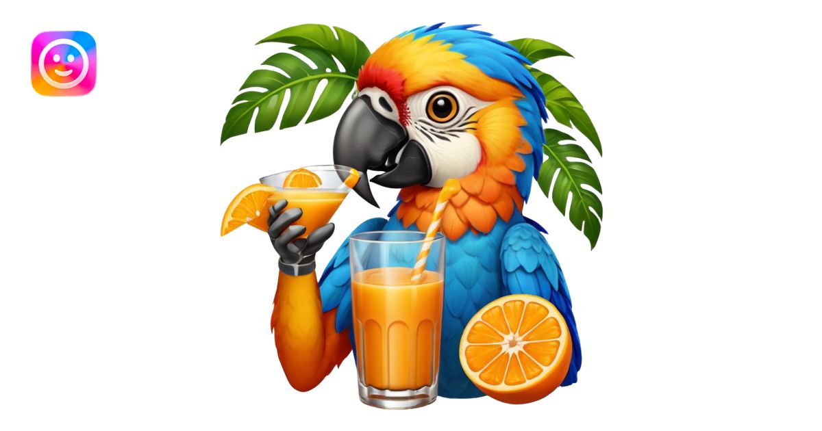 Macaw drinking orange juice emoji | AI Emoji Generator