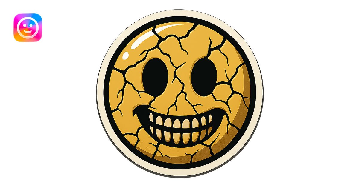 scary cracked emoji with empty eyes, retro stickers style, sharp black ...