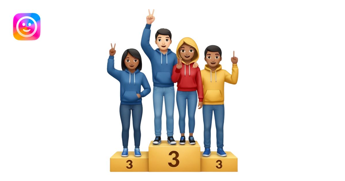 three multi-racial people in jeans and hoodies on a winners podium ...