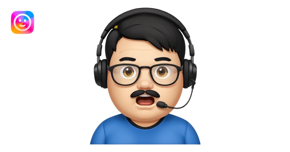 "A cartoon-style emote of a chubby streamer with black hair, mustache ...