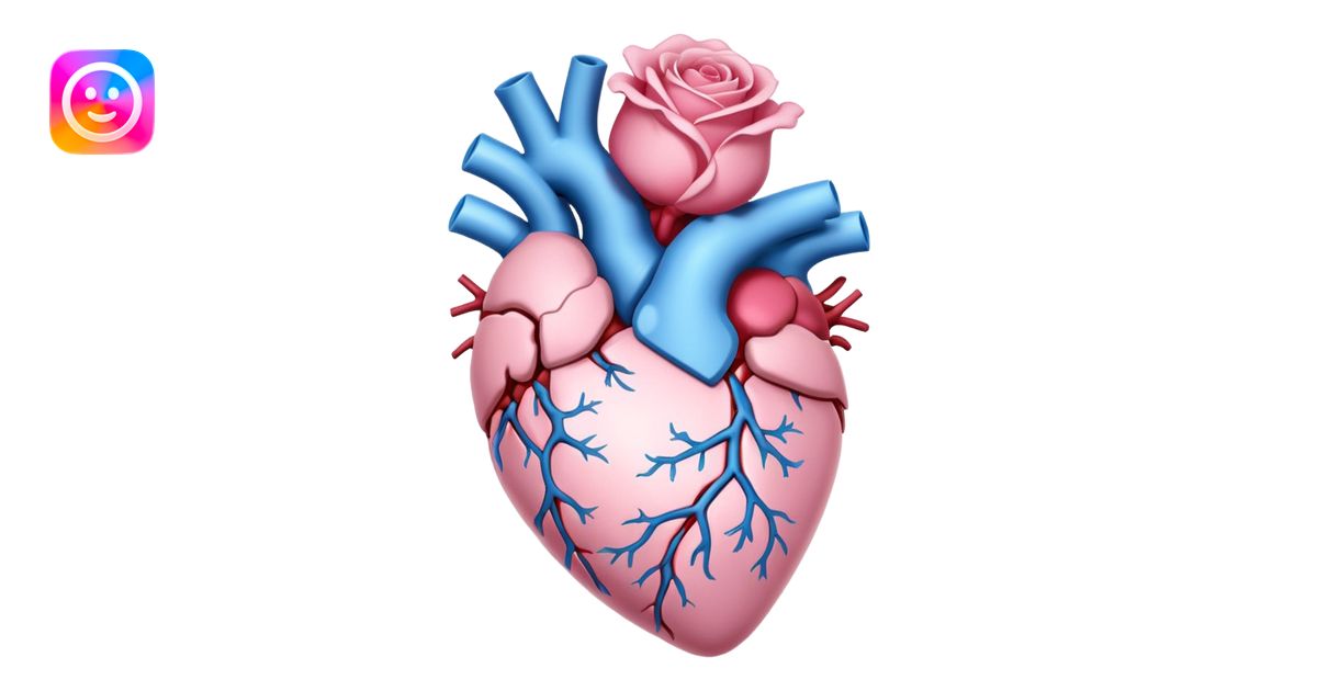 White and sky blue Anatomical heart with light pink rose without leaves ...