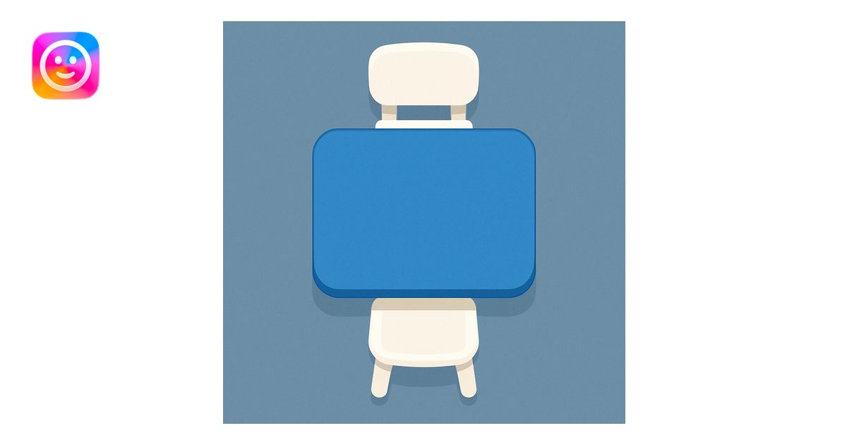 Create a simple and clear top view emoji of a desk and two chairs ...