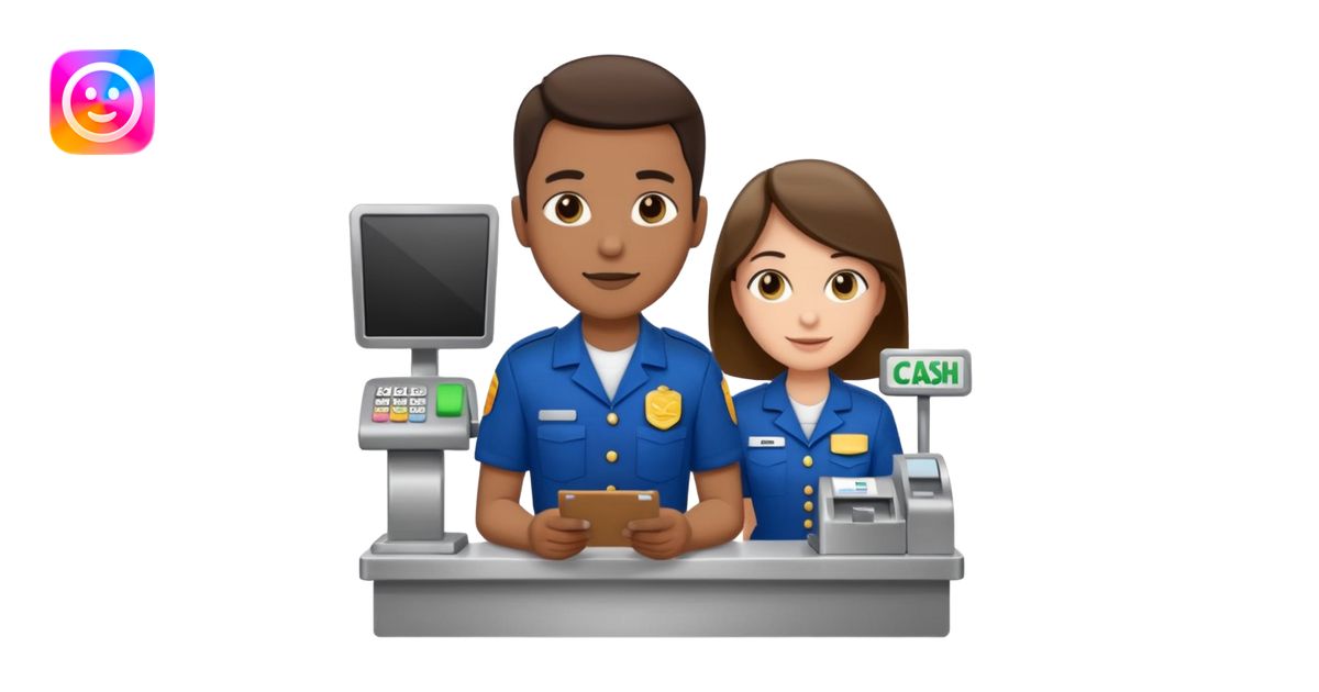 Supermarket employee at a cash register, full body, serving a man emoji ...