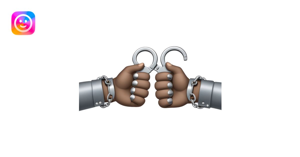 An emoji of two hands cuffed behind the back with metallic handcuffs ...