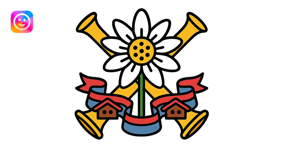 two crossed alpine horns behind an edelweiss, with folkloric ribbons ...