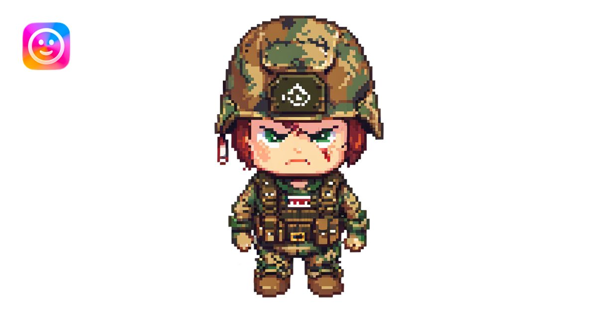 angry soldier, pixel art, frowning, camouflage outfit illustration | AI ...