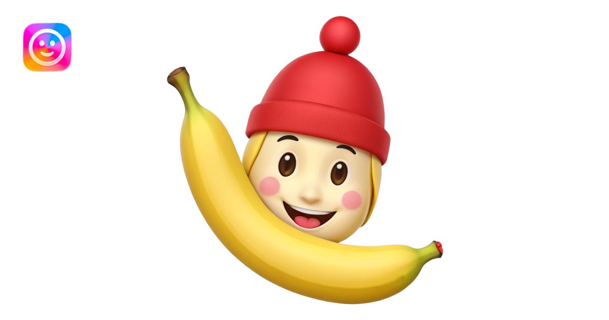 A 3D cartoon peeled banana with a red nose and tiny hat, smiling face ...