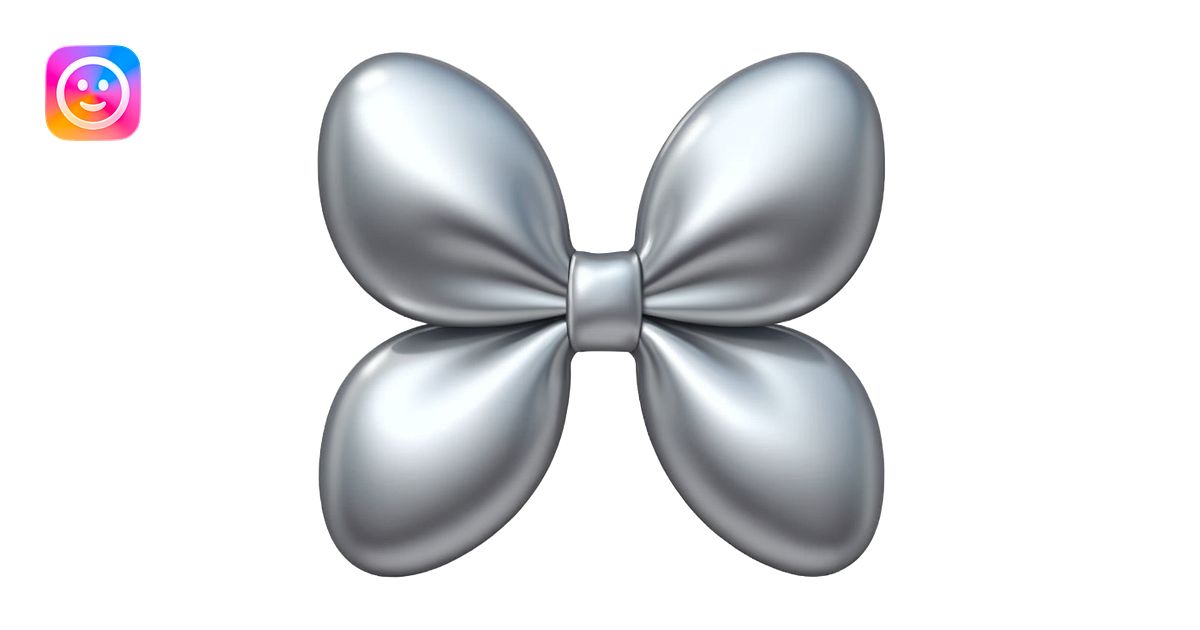 A cute bow emoji made of polished silver chrome, smooth rounded loops ...