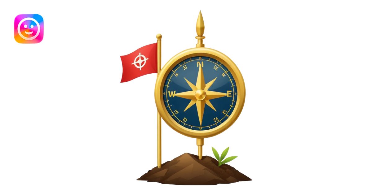 A minimal emoji of a compass pointing toward a planted flag. Flat ...