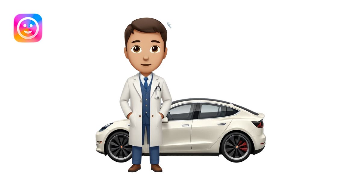 White tesla model 3 with a physician next to it emoji | AI Emoji Generator