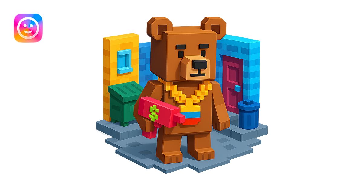 Russian grizzly bear with a rapper chain and a money gun, standing in a ...