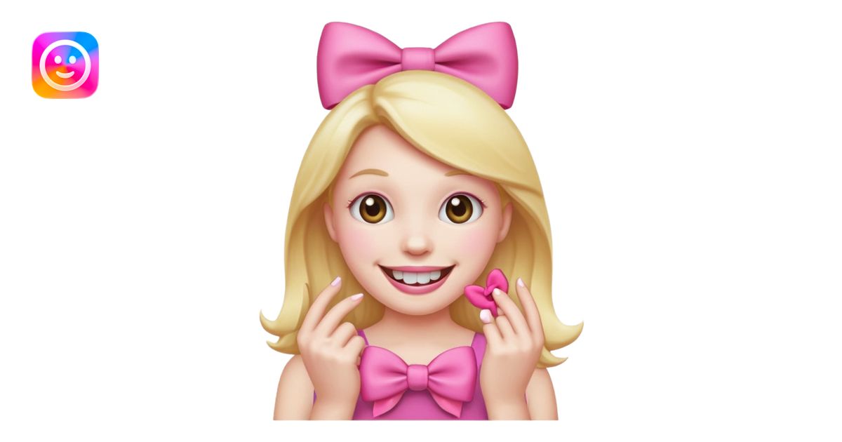 smiling emoji with a pink bow on head and hand placed on the teeth ...