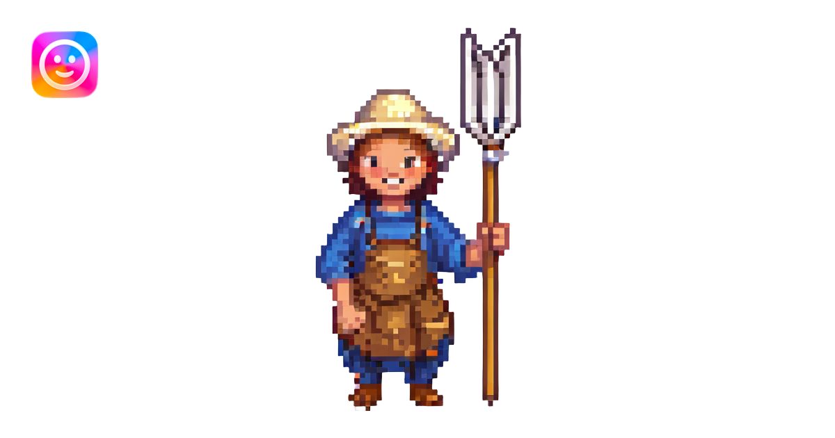 pixel art Twitch emoji of a cheerful peasant with a pitchfork ...