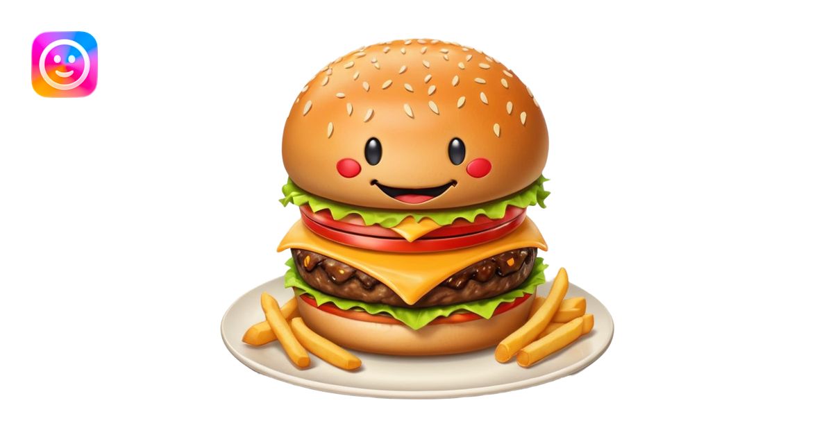 Burger on a plate with fries. The burger is smiling and drooling- looks ...