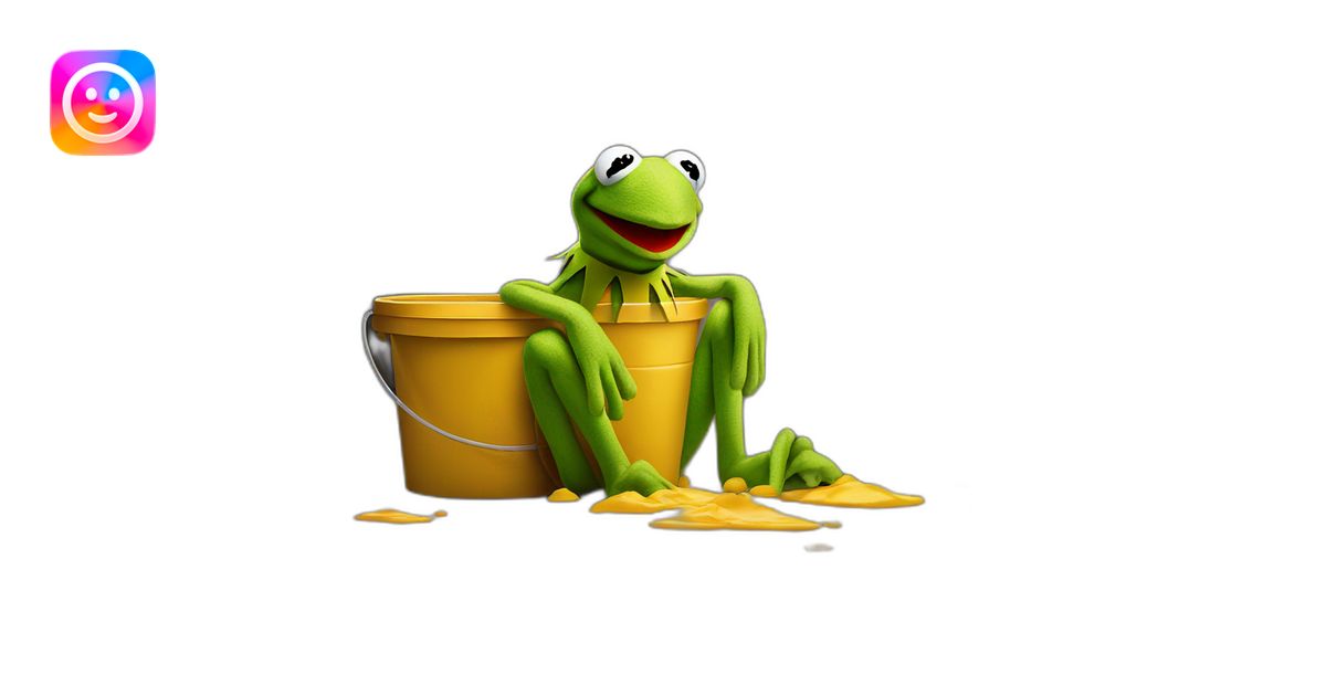 Sa kermit, sitting on the ground against a wall, holding a bucket in ...