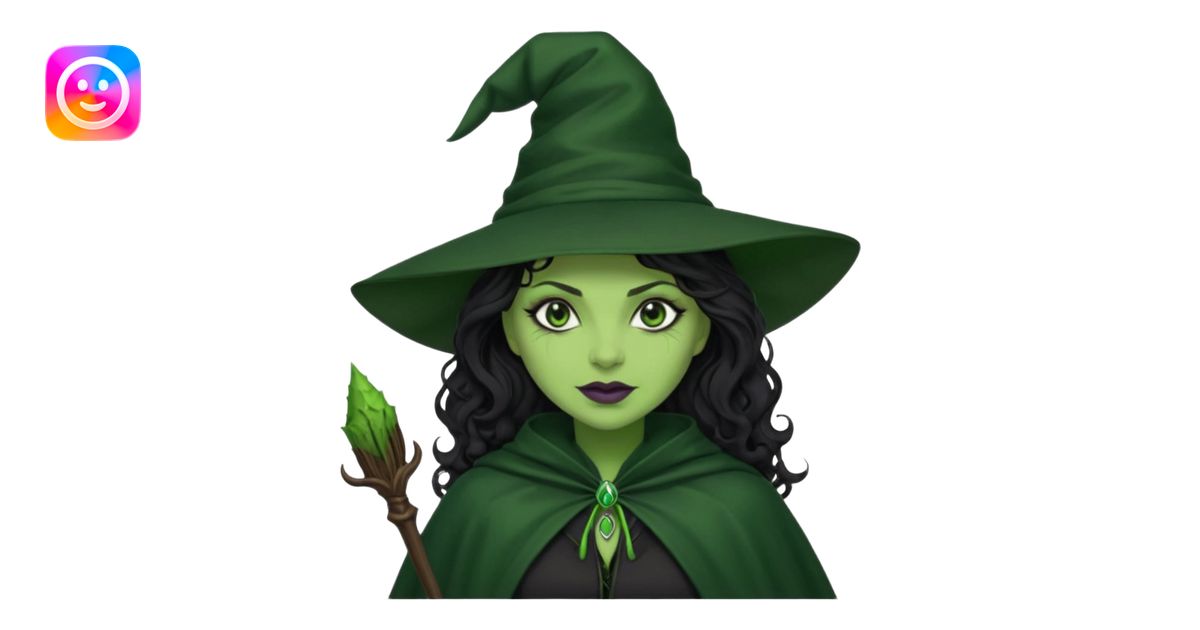 elphaba wicked witch with broom close up, evil dark curly long dark ...