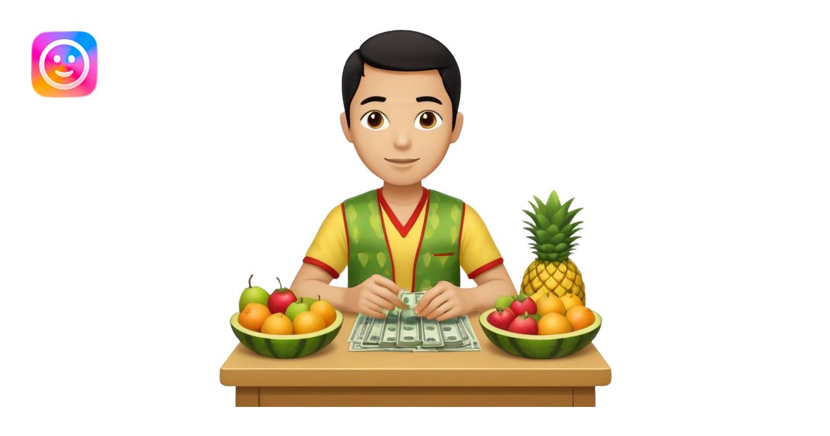 chico piel clara pelo negro con ropa de frutero sentado en una mesa ...