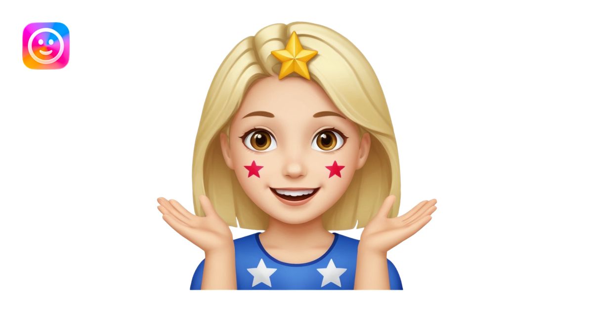 A girl with star-shaped cheek paint, cheering with bright eyes. emoji ...