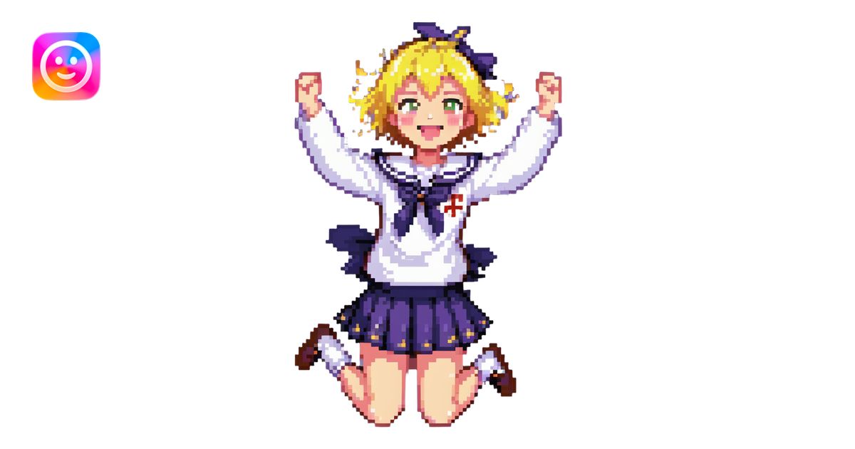 Pixel art anime girl with short bright yellow hair wearing Japanese ...
